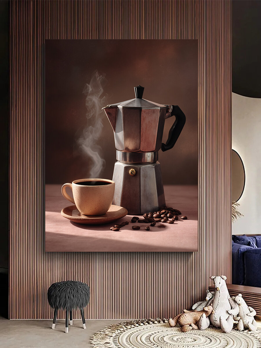 Картина на холсте «Гейзерная кофеварка мокка», средний формат 40×60 см — натюрморт