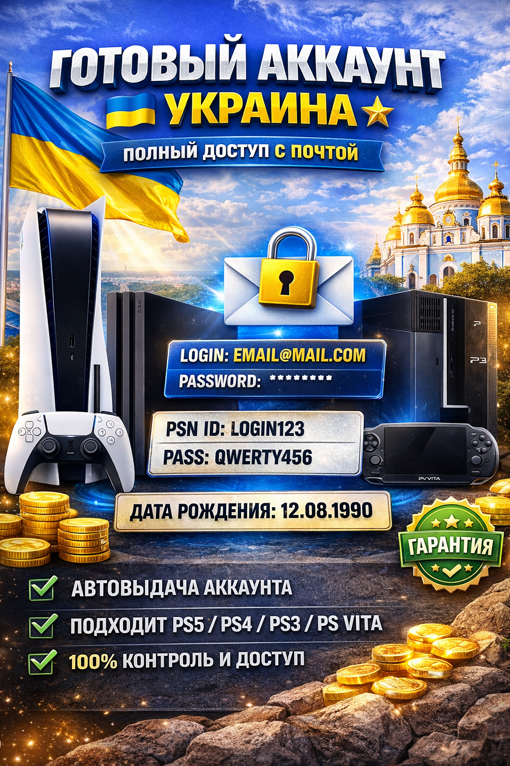 Готовый PSN аккаунт Украина с почтой, полным доступом и датой