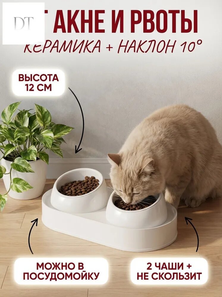 Миски для кошек керамические на подставке с наклоном, Двойная миска керамическая для кошек ортопедическая для воды и корма, Набор 2 шт, Белая широкая