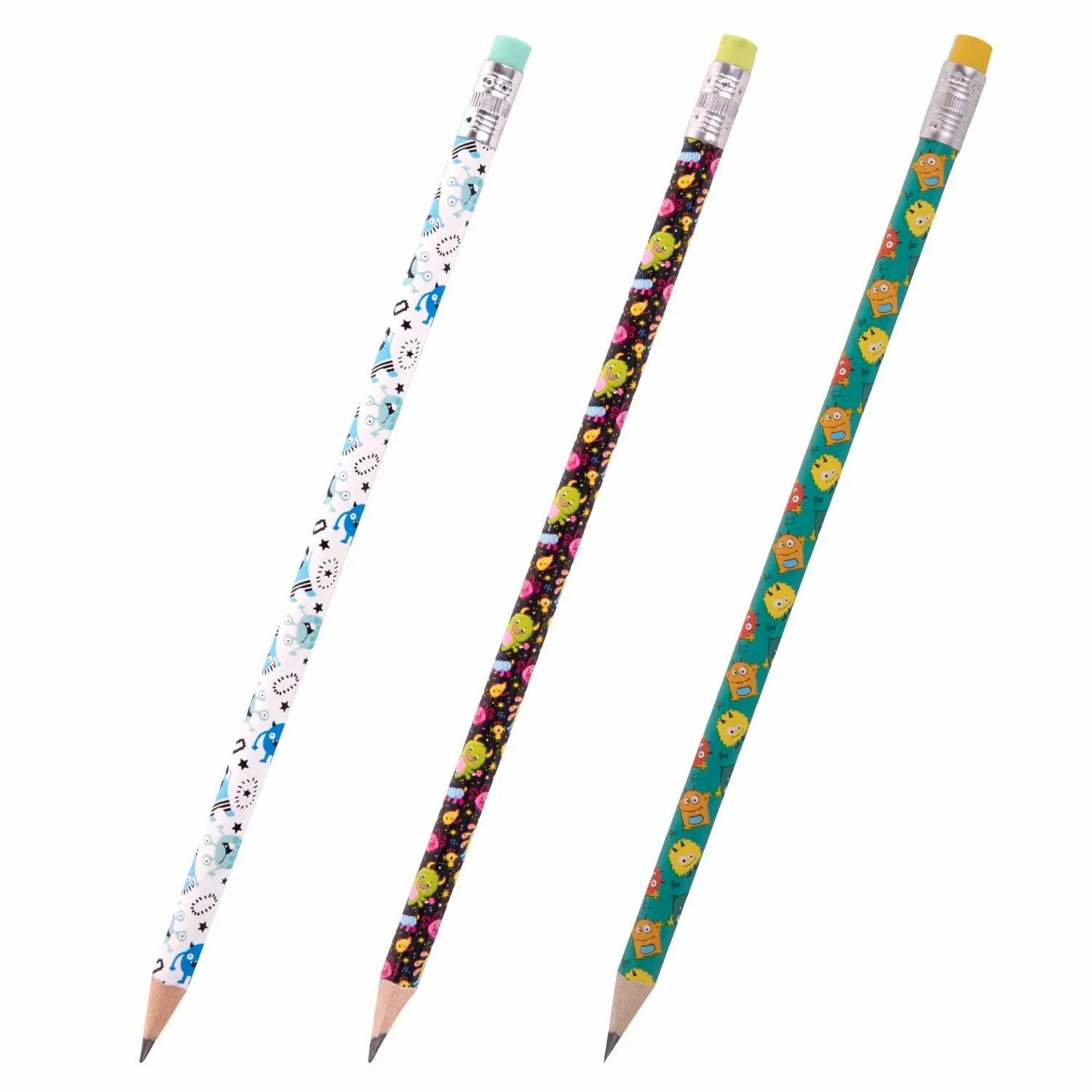 Карандаш чернографитный юнландия "монстрики", HB, с ластиком, корпус ассорти (15шт)