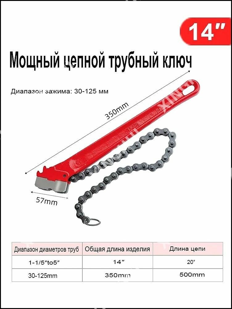 Цепной ключ односторонний, двойные губки 30125 мм, надежный, длина 14 дюймов