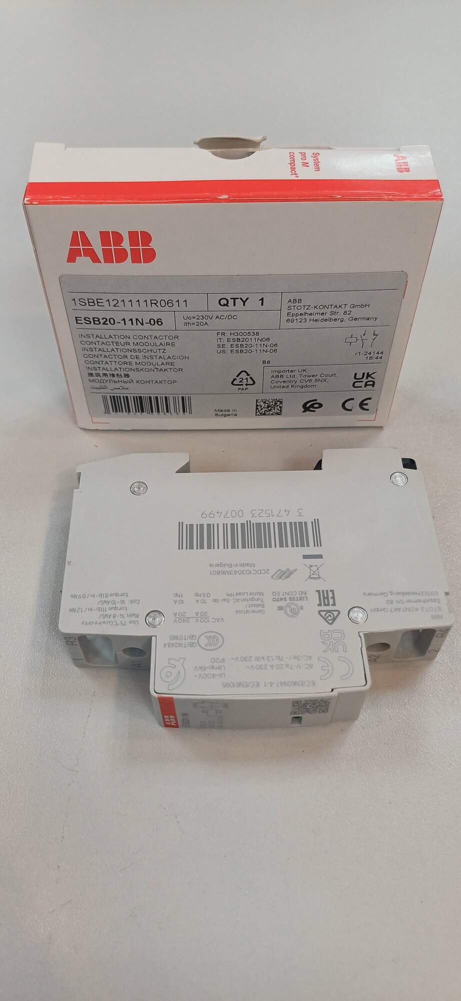 ABB Контактор ABB ESB20-11N-06, модульный, 20А, АС-1, 1НО+1НЗ, катушка, 230В, AC/DC 1SBE121111R0611