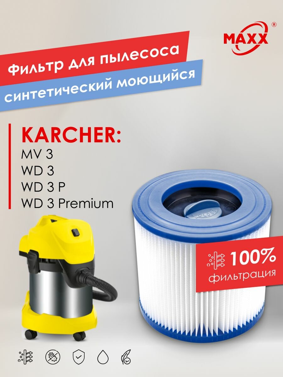 Фильтр для пылесоса Karcher WD 3, WD 3 P, WD 3 Premium, MV 3, моющийся
