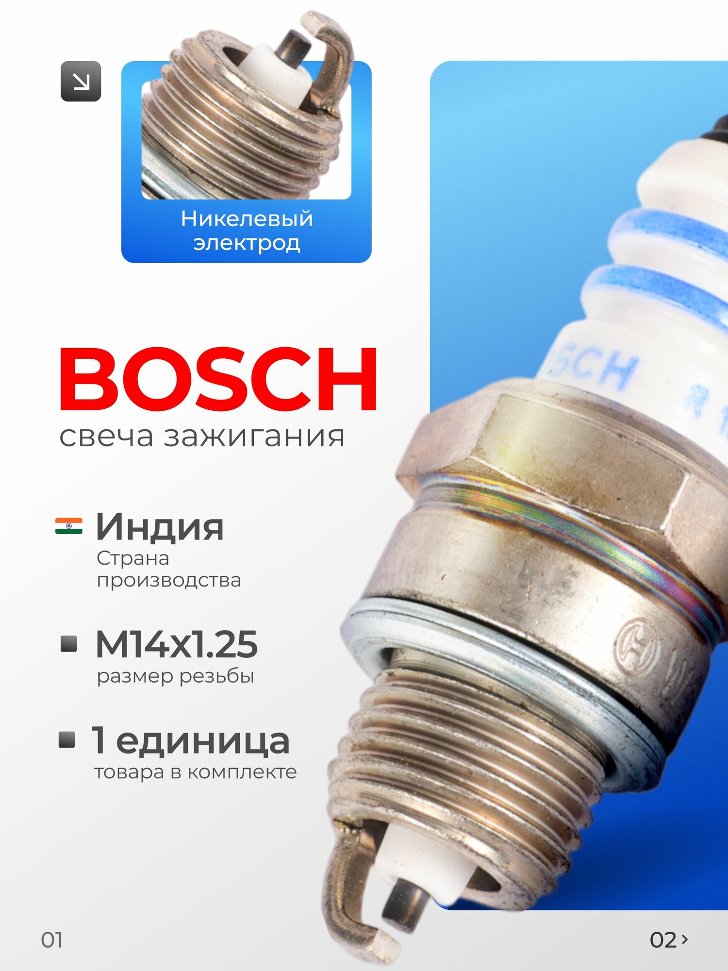 BOSCH Свеча зажигания WSR6F для бензопил Stihl, Husqvarna, триммеров и газонокосилок (арт. 0242240506)