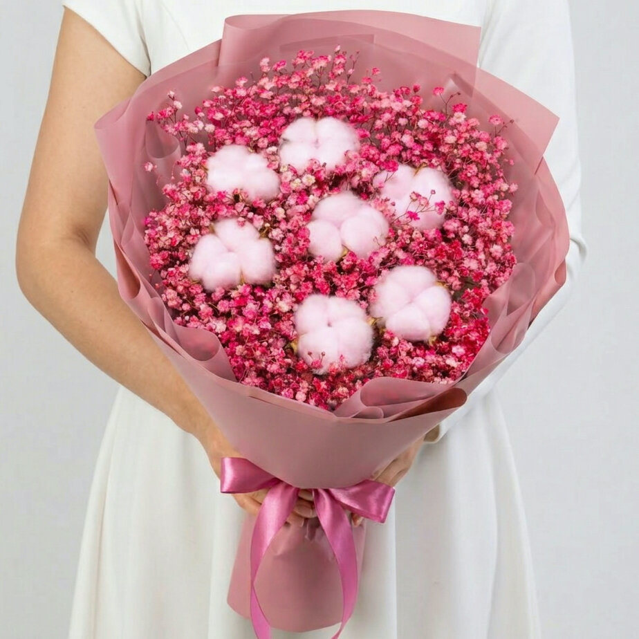 Дуо-букет Мегацвет24 "Гипсофила и хлопок", малиновый/розовый, сборка в дизайнерскую упаковку