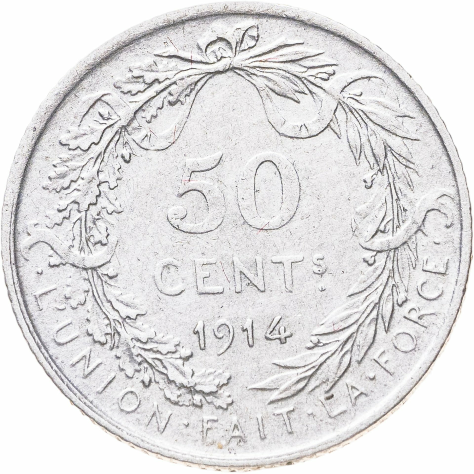 Бельгия 50 сантимов centimes 1914 Надпись на французском - 'ALBERT ROI DES BELGES', Серебро 835, в сохранности VF