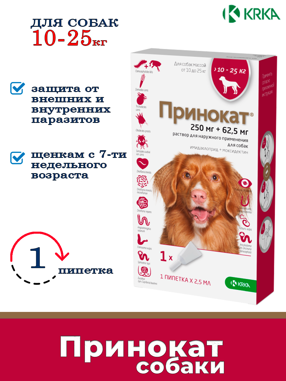 Принокат для собак весом 10-25 кг, 250/62,5мг, 2,5мл капли против блох