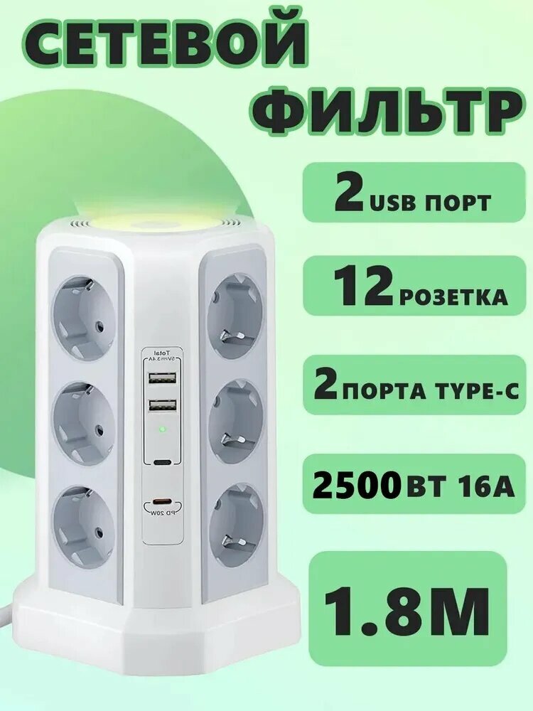Сетевой фильтр куб, 16В/2500Вт 4 розеток с 2 USB и 2 Type-C, кабель 1.8м, Защита от перегрузки