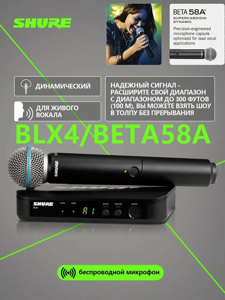 Shure Микрофон для живого вокала BLX24/BETA58A, черный матовый