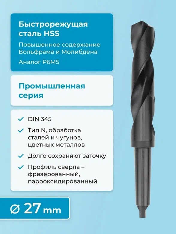 Сверло по металлу 27 мм NORGAU Industrial спиральное HSS фрезерованное с хвостовиком-конус Морзе, правое, DIN 345