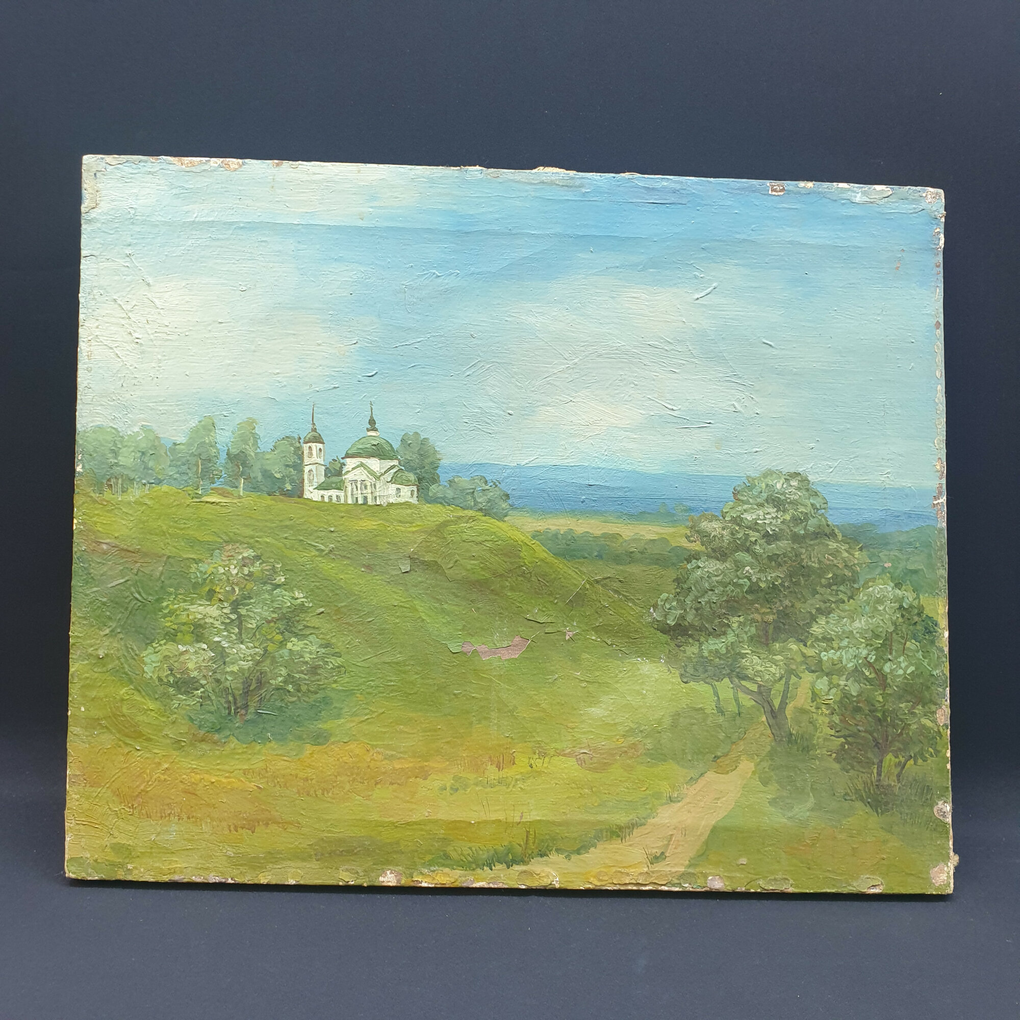 Винтажная картина Церковь на холме холст, масло, 45х55 см, сход краски, без рамы. СССР