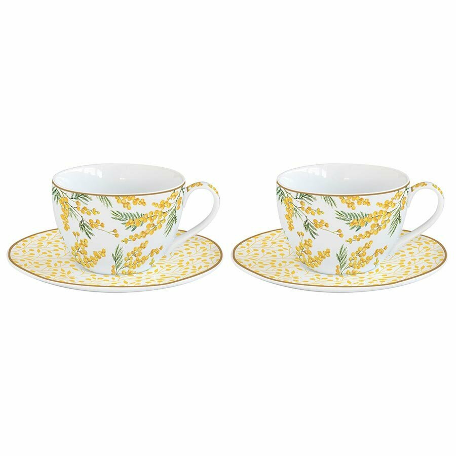 Набор кофейных чашек с блюдцем Mimosa 100 мл с цветами мимозы 2 шт Easy Life R0921/MIMO