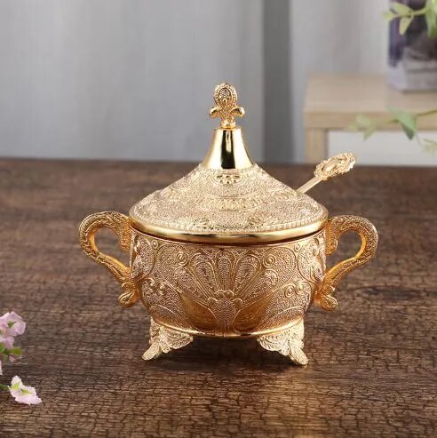 Сахарница с ложкой, 1 шт, золотистая, металлическая, винтажная