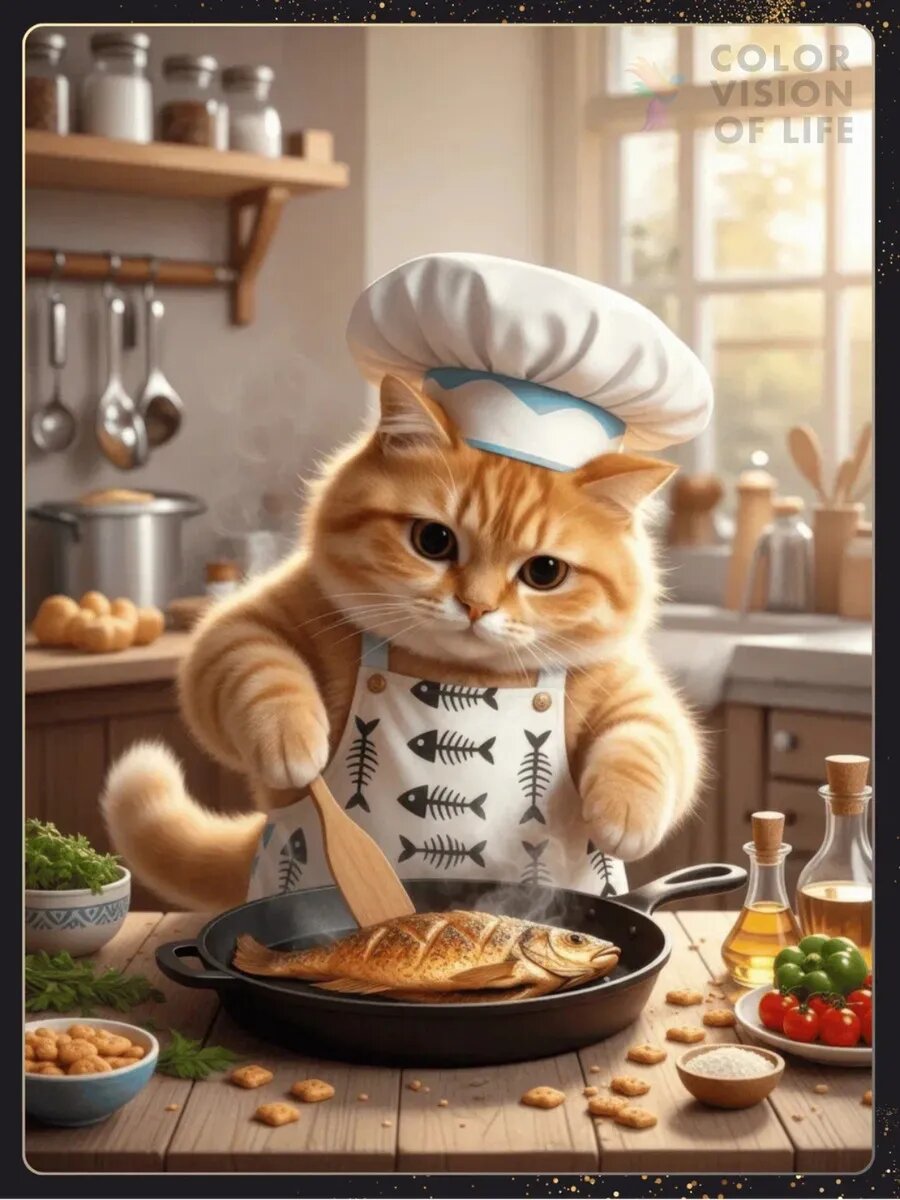 Алмазная мозаика COLOR VISION OF LIFE "Рыжий Кот-Повар", полная выкладка, 30х40 см