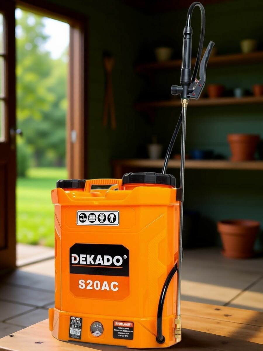 Опрыскиватель садовый аккумуляторный S20AC, бак 10л,12B. 8 А/ч, 4.5 л/мин, шланг 1,2 м DEKADO