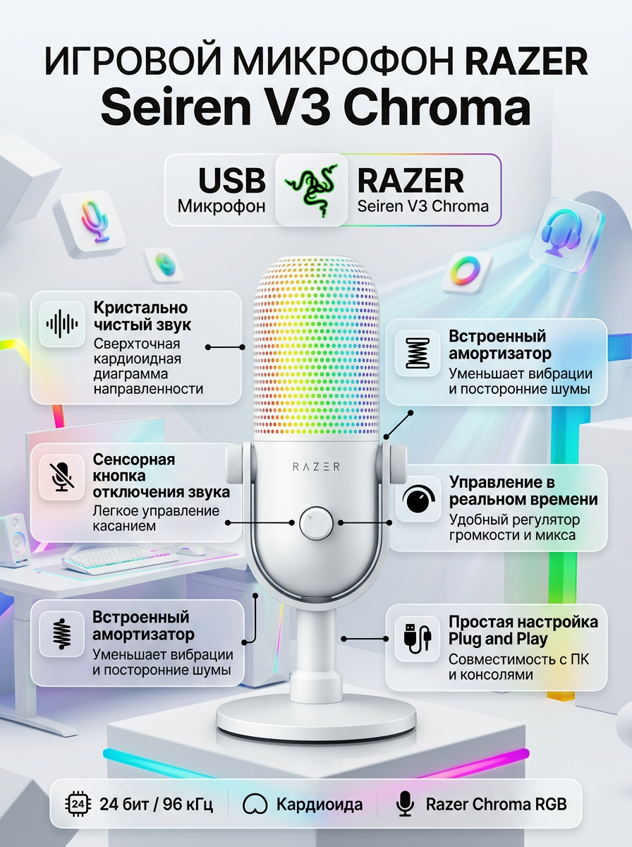 Микрофон Razer Seiren V3 Chroma - White Microphone (RZ19-05060200-R3M1)