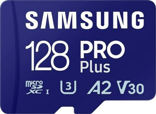Флеш карта microSDXC 128GB Samsung PRO Plus Class 10, A2, V30, UHS-I (U3), W 130 МБ/с, R 180 МБ/с,  адаптер на SD