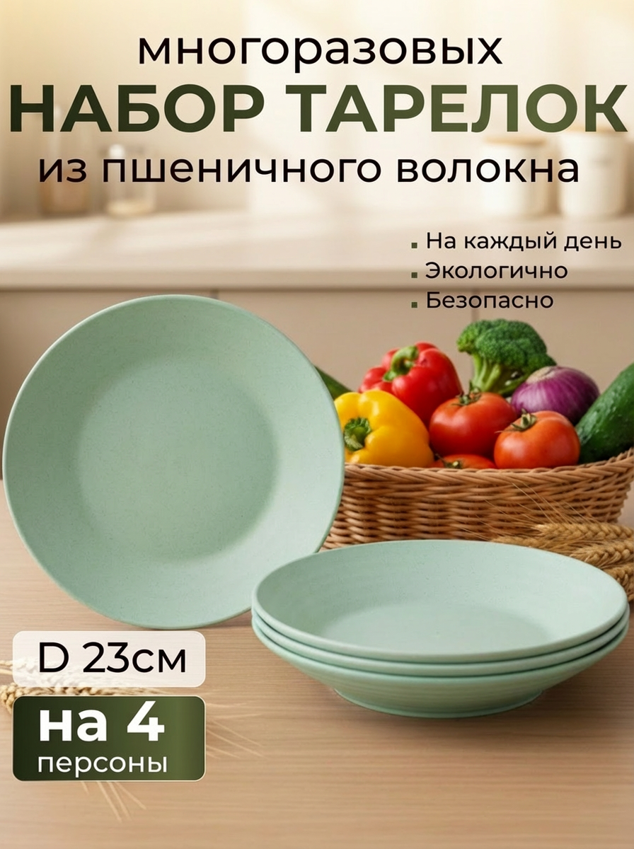 Набор посуды столовой: тарелки 23 см, 4 шт, обеденные, из пшеничного волокна