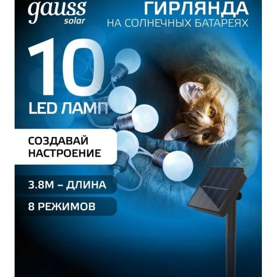 Гирлянда садовая на солнечной батарее Gauss 10 LED ламп Большие Шары Белый свет, 1/24