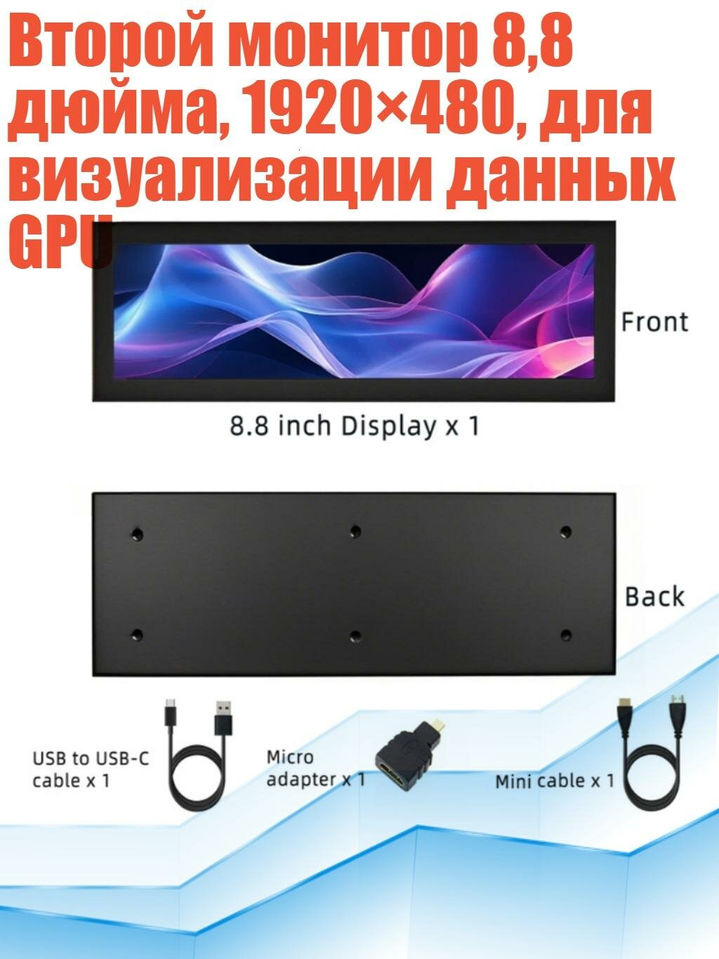 Второй монитор 8,8 дюйма, 1920×480, для визуализации данных GPU, Бесконтактный