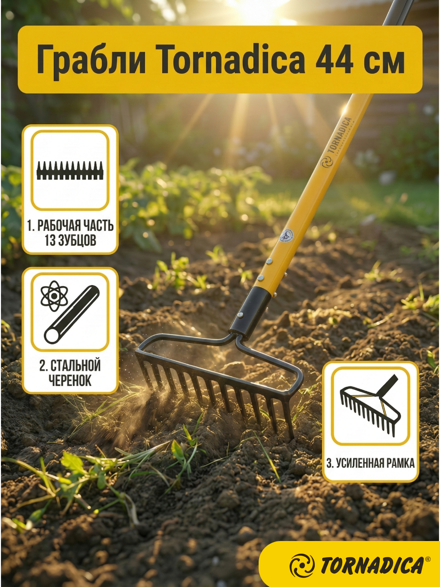 Грабли с черенком стальные Универсальные ширина 44 см. длина 160 см. Торнадика / Стальные грабли садовые с черенком Tornadica