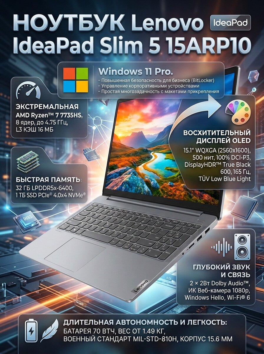 Ноутбук Lenovo IdeaPad Slim 5 15ARP10 83J3001YRK Cloud Grey, 15.1" WQXGA OLED 165Hz, AMD Ryzen 7 7735HS, AMD Radeon 680M, 32GB LPDDR5x-6400, SSD 1TB G4, WINDOWS 11 PRO, клавиатура RU/US, гарантия 1 год