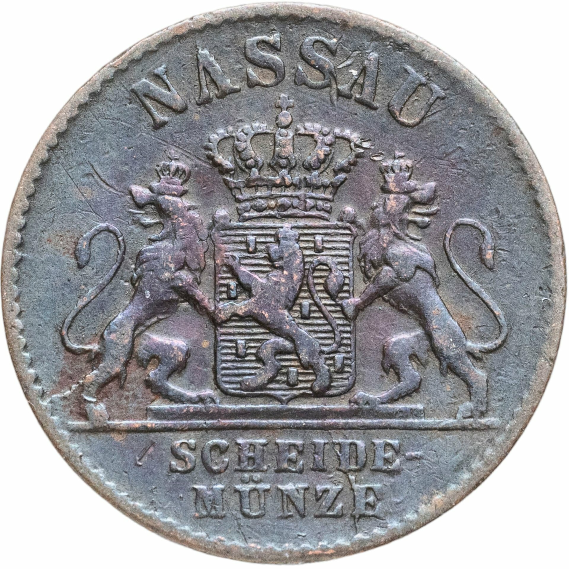 Германия Нассау 1 пфенниг pfennig 1860, Медь, в сохранности F-VF