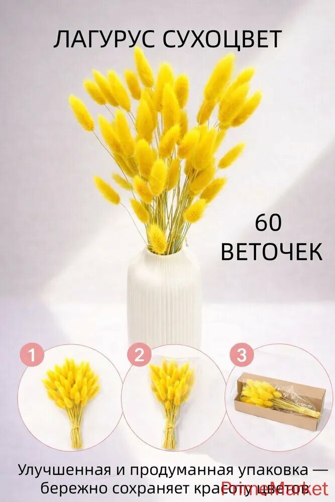 Сухоцветы Лагурус, 55 см, 100 гр, 60 шт