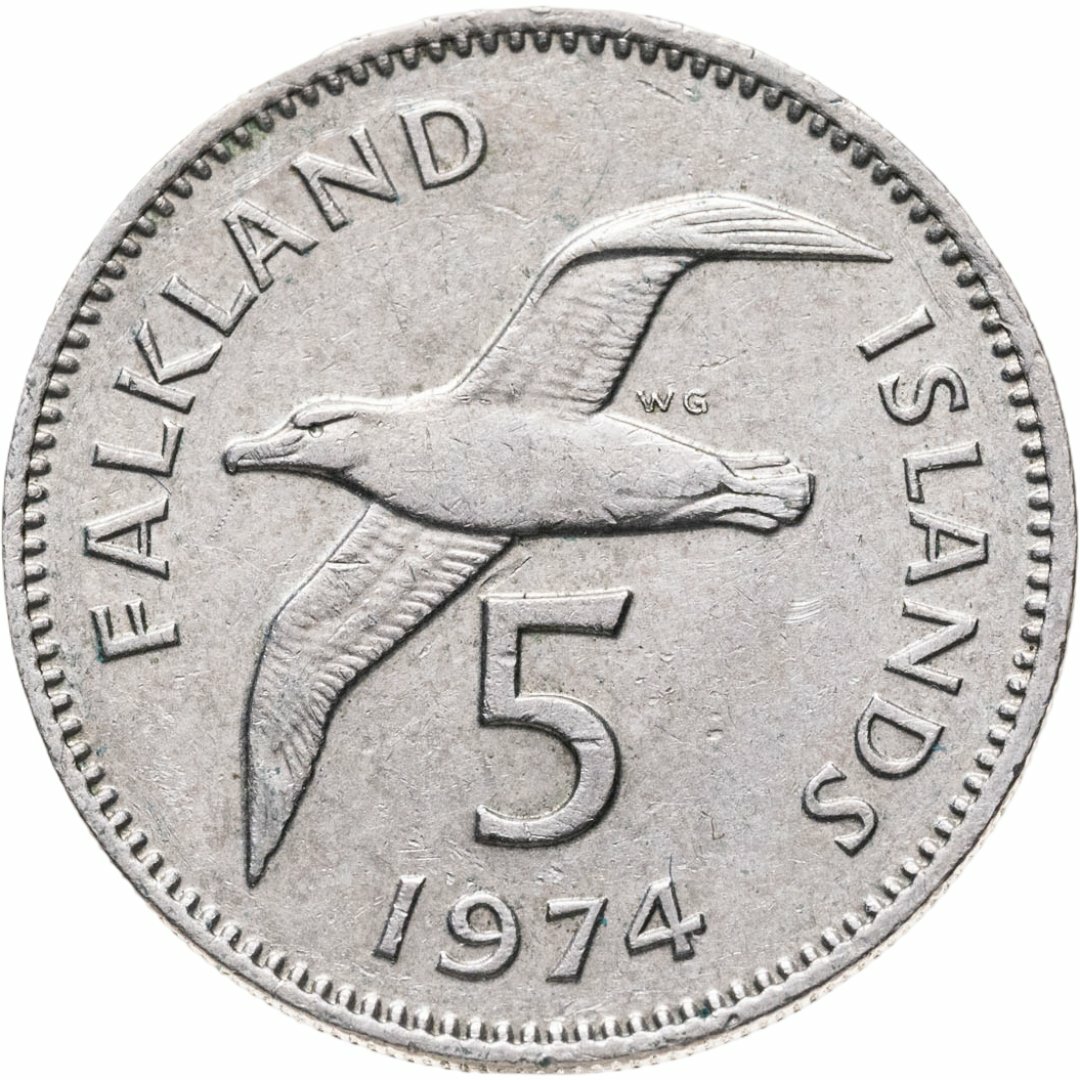 Фолклендские острова 5 пенсов pence 1974-1985, Мельхиор медь-никель, в сохранности XF