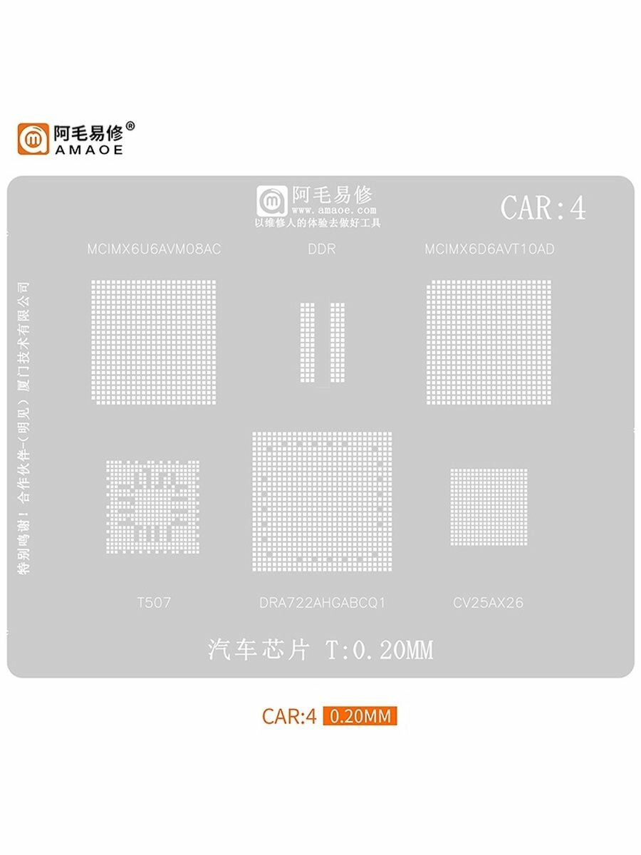 AMAOE BGA трафарет (CAR4) для микросхем MCIMX6U6AVM08AC / MCIMX6D6AVT10AD / DRA722AHGABCQ1 - 0.20мм