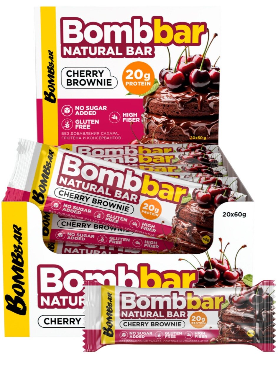 Протеиновый батончик BombBar Протеиновый батончик Natural Bar 20 x 60 г, Вишневый брауни