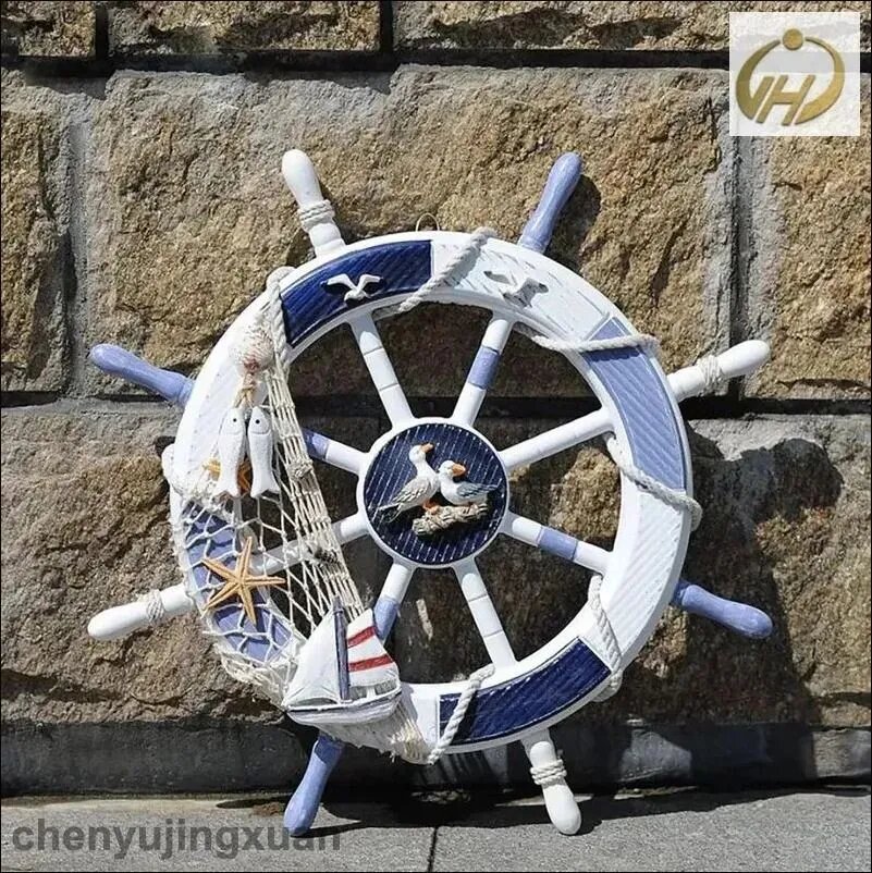 Декоративный деревянный штурвал "Чайки" 46х46 см - морской стиль интерьера, капитанская рубка, каюта