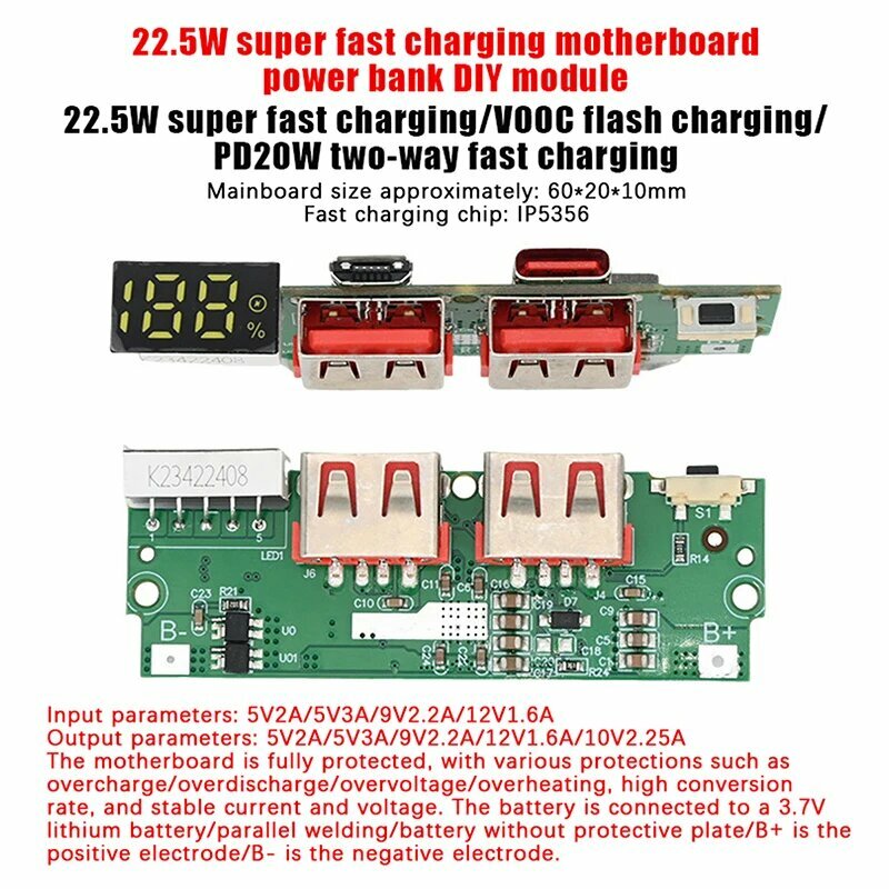 Модуль быстрой зарядки 22.5W с цифровым дисплеем для тройных литиевых аккумуляторов, плата Power Bank с поддержкой быстрой зарядки PD QC