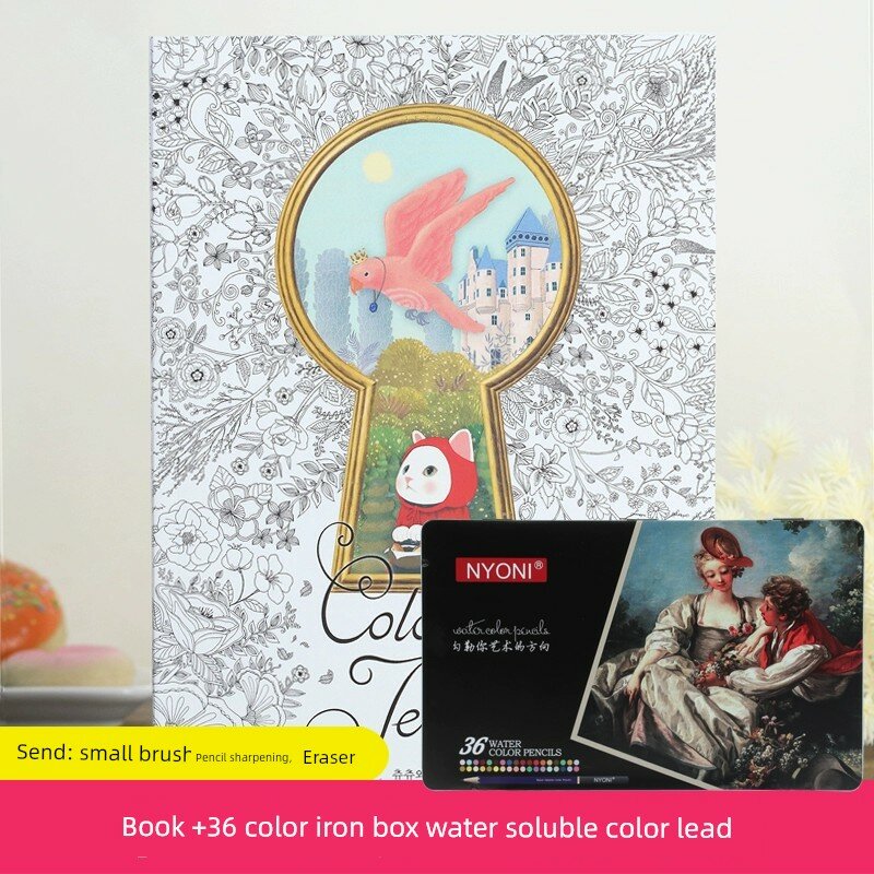 Книга для раскрашивания кошек с проволочной обложкой и набором 36 цветных карандашей в металлической коробке