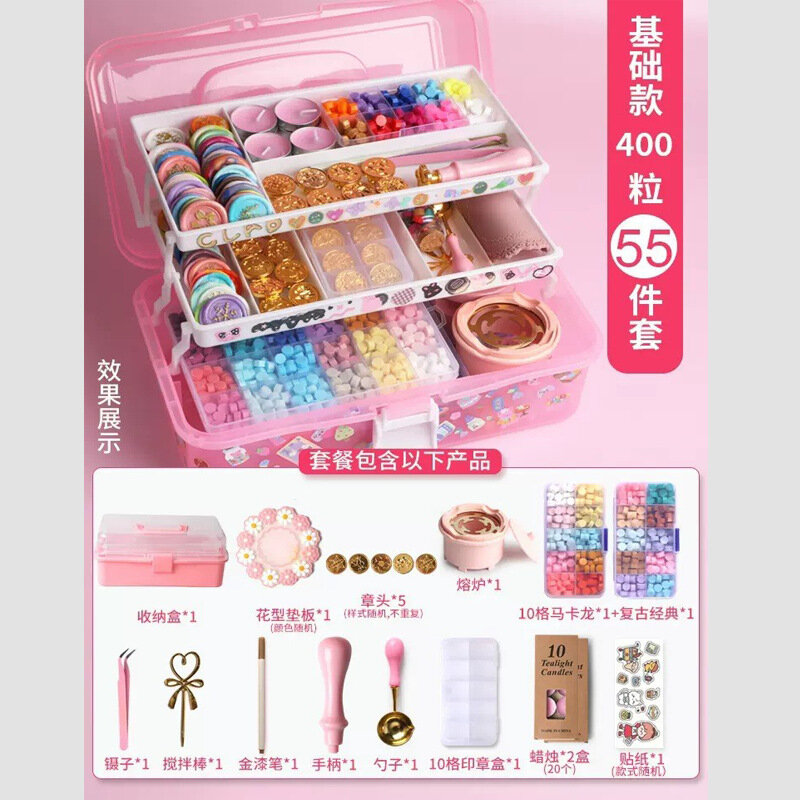 Полный набор для восковой печати: штампы, свечи, восковые гранулы, головки для штампов, гука, инструменты для начинающих, ложка, подарочная коробка-игрушка и блокнот.