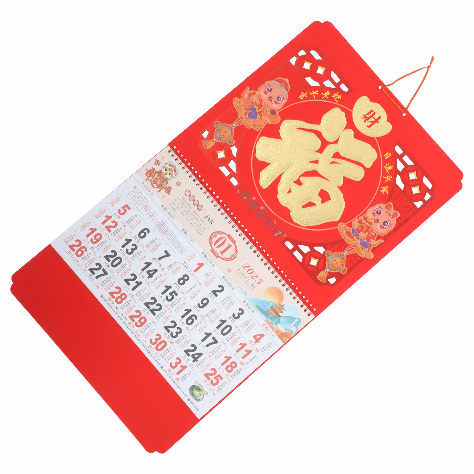 Красный бумажный календарь 2025 с иероглифом фу для настенного украшения, год змеи