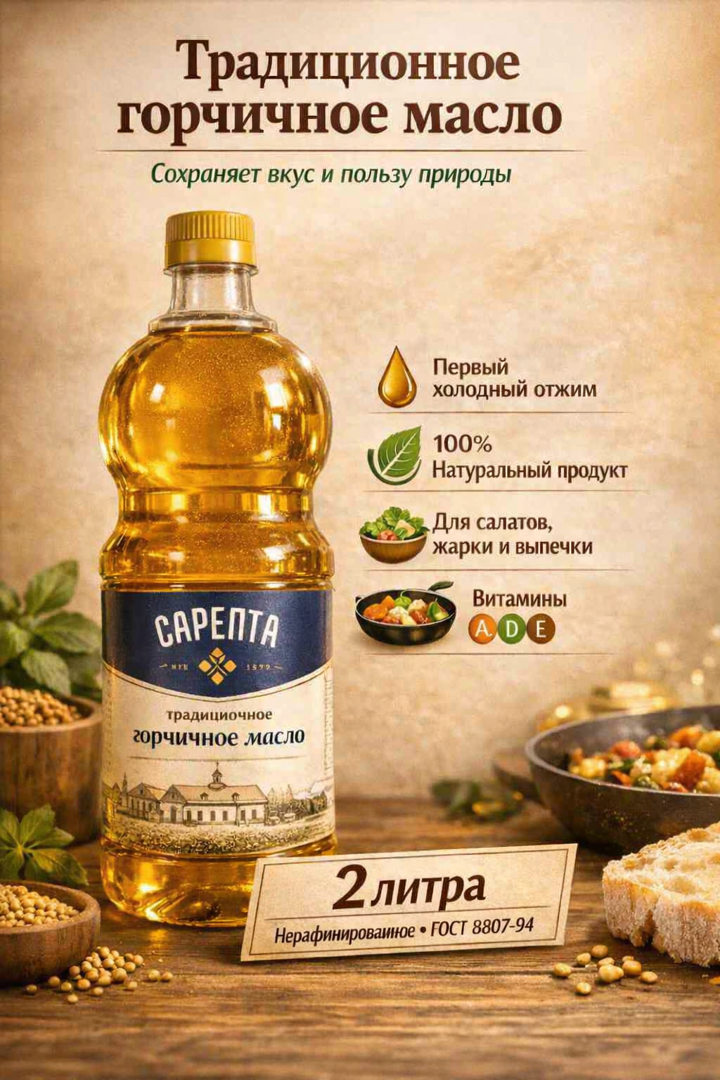 Масло горчичное масло Сарепта нерафинированное, 2 л (2 штуки по 1л)