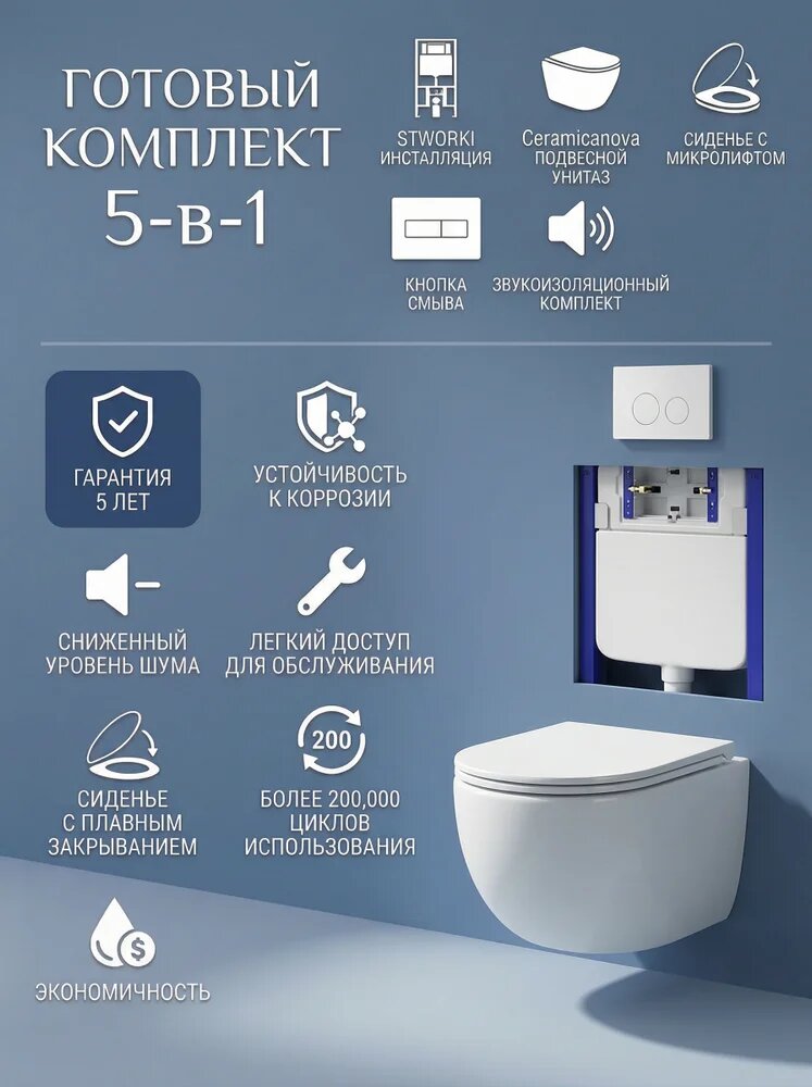 Комплект 5 в 1: Инсталляция STWORKI Хельсинки S33500WH / Унитаз подвесной Ceramicanova Пик (UP) CN4007 / Сиденье с микролифтом, Комплект шумоизоляции, Кнопка глянцевая белая