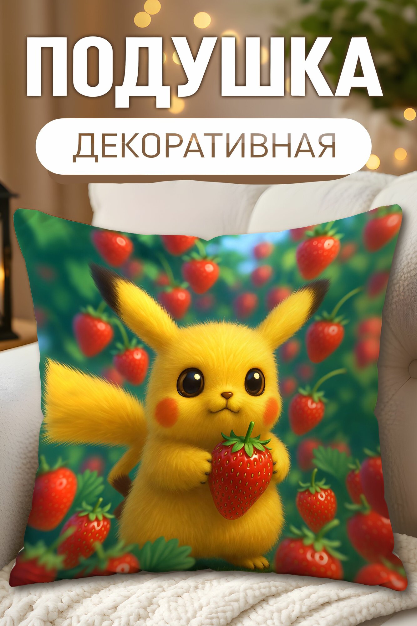 Подушка декоративная с принтом Пикачу с клубничкой, размеры 40 х 40 см, 1 шт.