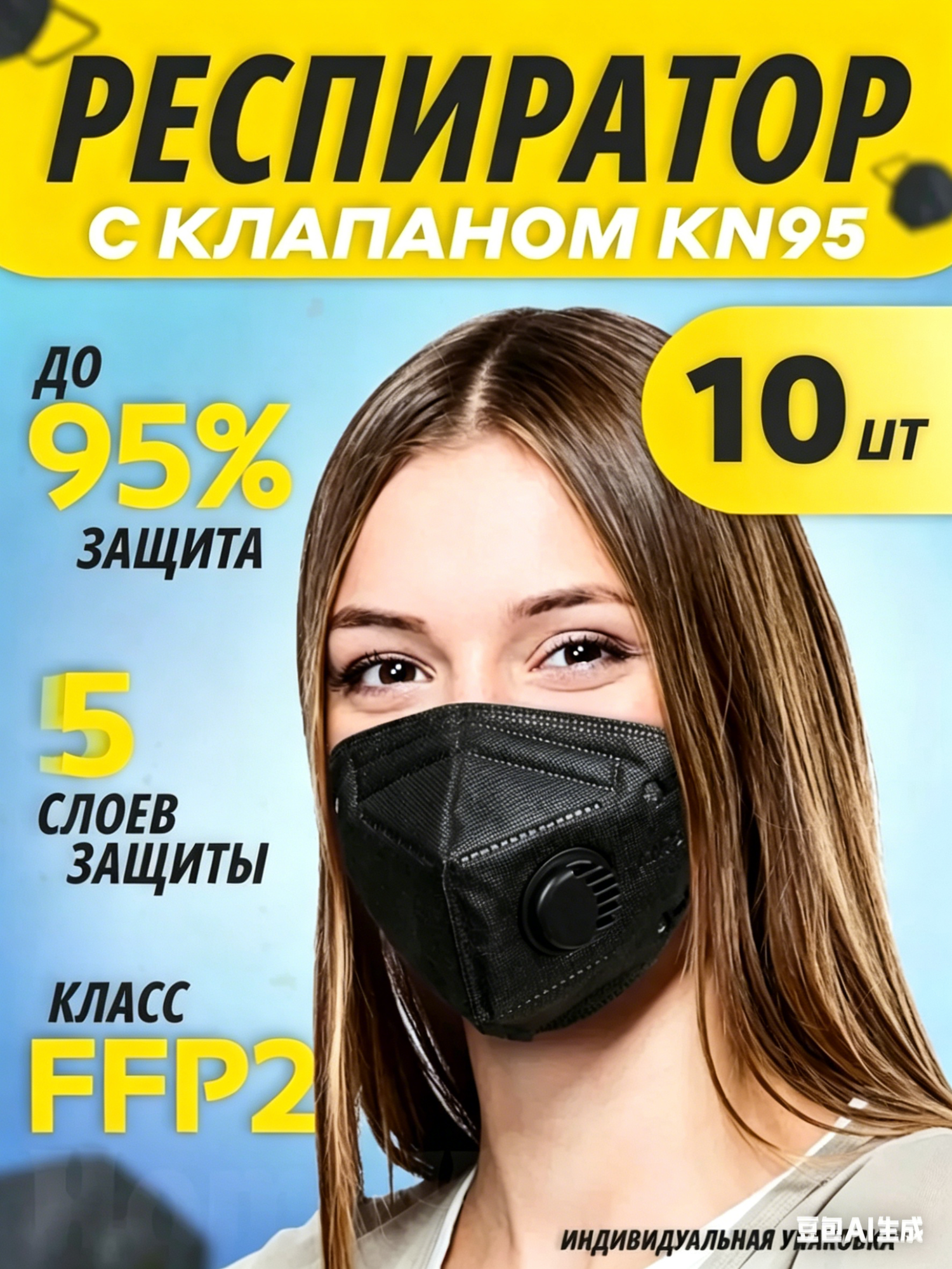 Респиратор FFP2 "KN95", многоразовый, с клапаном, комплект 10штук