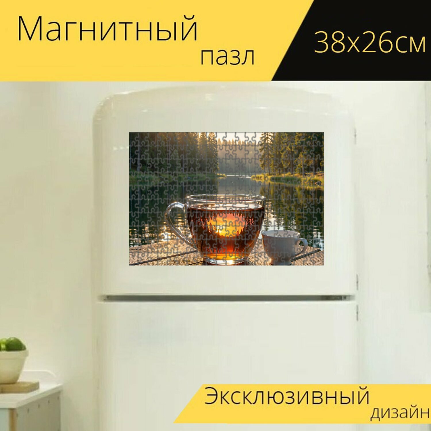 Магнитный пазл "Чай у лесного озера. Стеклянная чашка с тёплым янтарным напитком и маленькая белая чашечка на деревянной террасе, вокруг сосновый лес и." для интерьера, 38х26 см.
