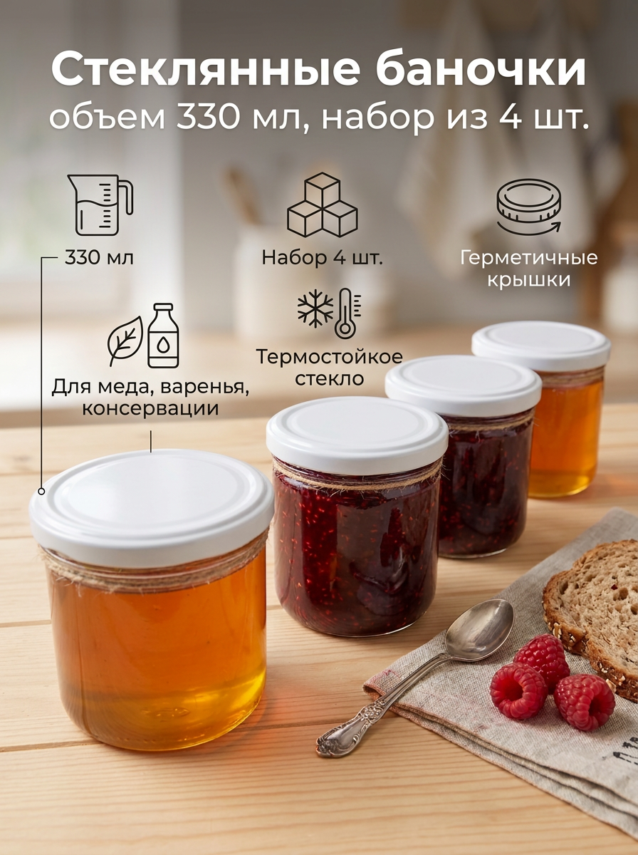 Банки стеклянные 330 мл для консервирования, варенья, круп, контейнер для сыпучих продуктов, 4 шт