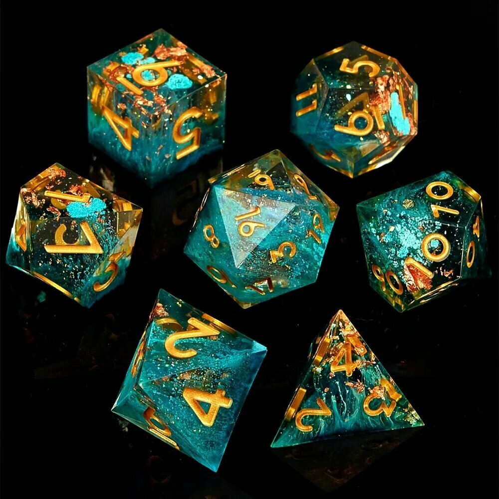Кубики ДнД: Набор дайсов для Dungeons & Dragons, кости игральные из смолы, острые грани, золотые цифры на бирюзовом фоне