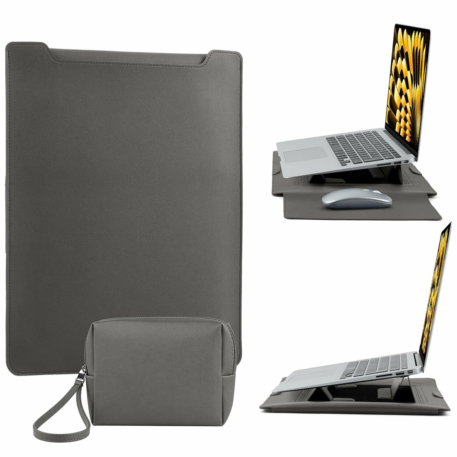 Чехол для ноутбука Portable Laptop Sleeve Case 13-14', с подставкой и сумкой для зарядного кабеля, серый