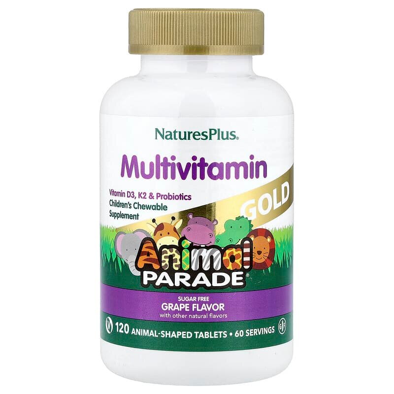 Жевательные мультивитамины для детей NaturesPlus, Animal Parade® Gold со вкусом винограда, 120 таблеток в форме животных