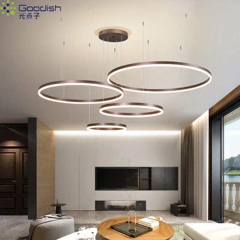 Современная люстра на подвес с LED-освещением роскошная скандинавская лампа для гостиной, столовой, зала. Покрытие виниловое, кольца, монтируемая подвесная осветительная люстра с пультом дистанционного управления, регулируемая яркость.