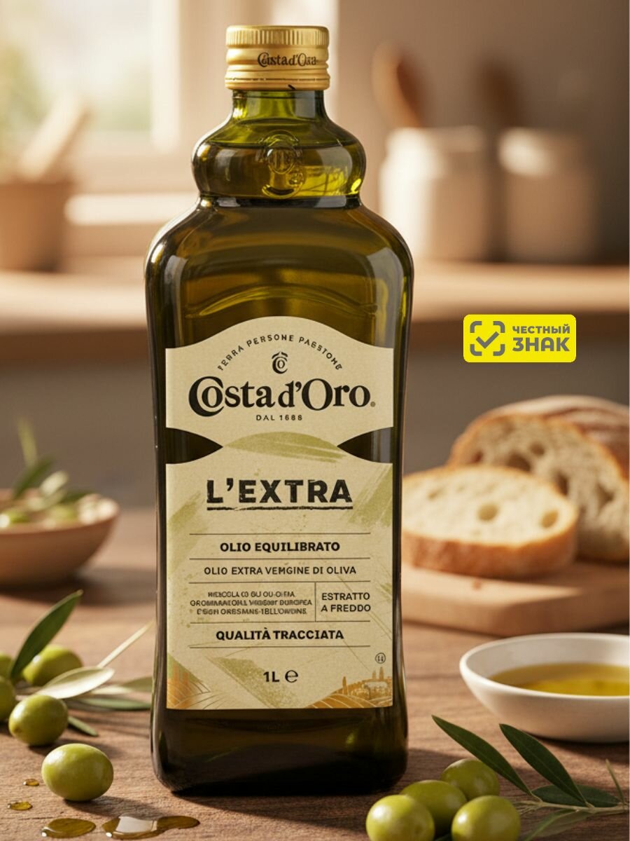 Масло оливковое COSTA D'ORO Extra Virgin нерафинированное высшего качества 1 л стеклянная бутылка
