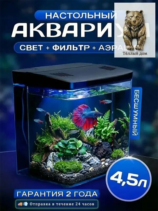 ZHNOE Аквариум с рыбками, С фильтром и подсветкой,20*15*20CM