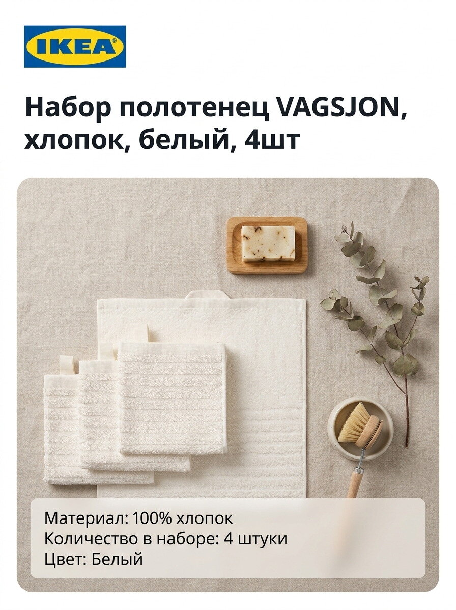 Набор полотенец VAGSJON, хлопок, белый, 4шт - 1 набор