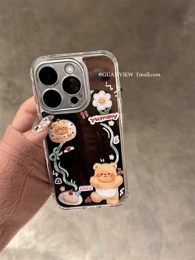 Чехол для iPhone 17 Pro Max из силикона с рисунком масляной живописи, цветочный узор с медвежьей фигурой, полная